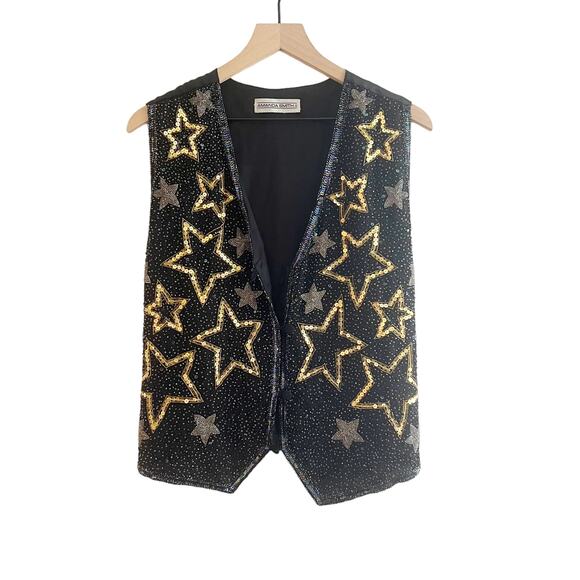 Vintage | Jackets & Coats | 8s Vintage Black And Gold Sequin Star Vest ...